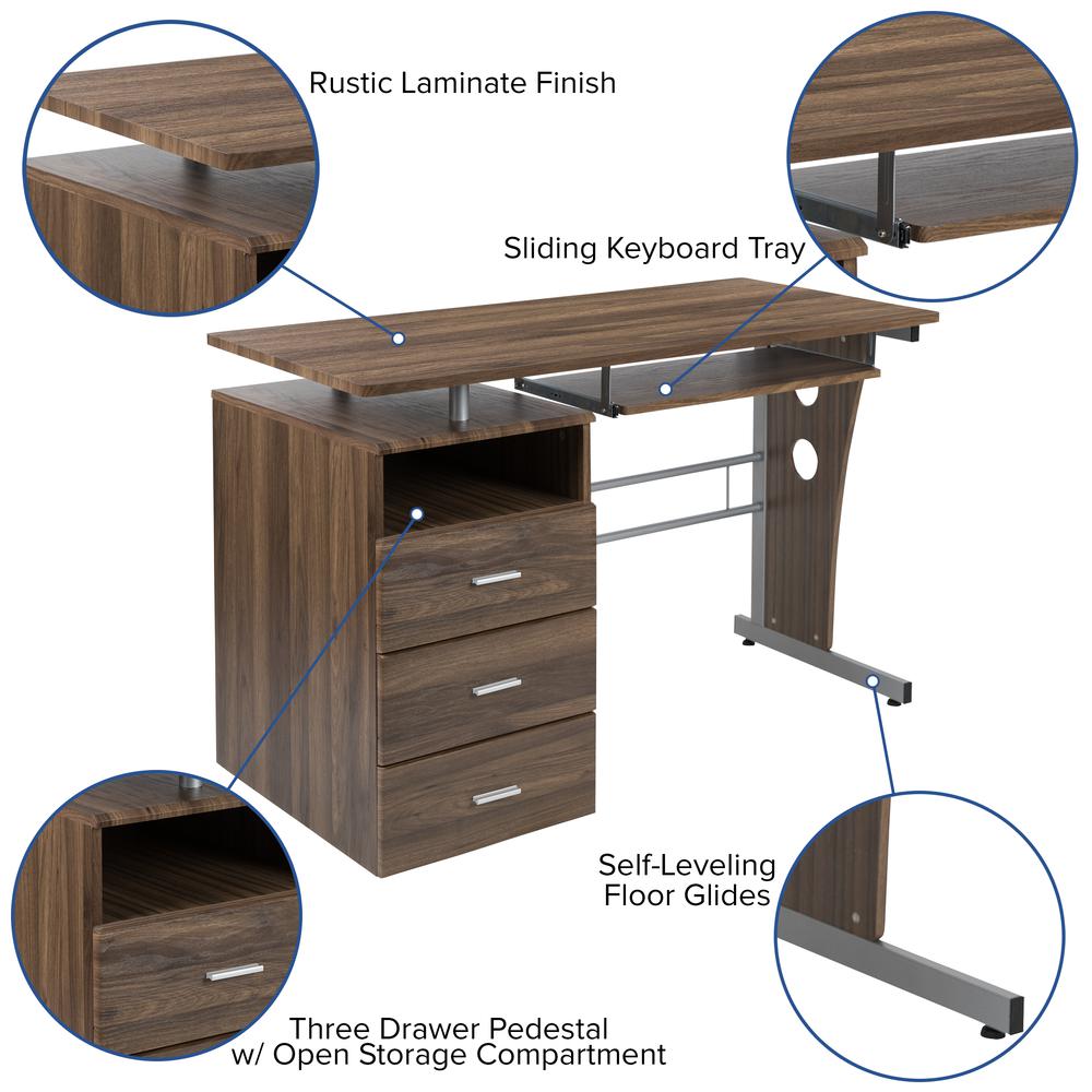 Rustic Walnut Desk with Three Drawer Pedestal and Pull-Out Keyboard Tr ...
